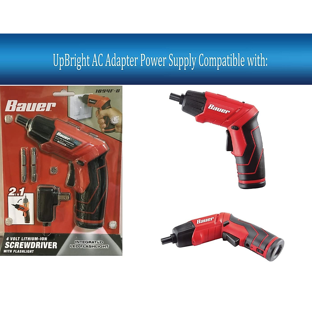 UpBright 5V AC/DC Adapter Compatible with Bauer Model 1894F-B 1894FB 4V 1500mAh 4 Volt Lithium Li-Ion Battery 1/4 Cordless Screwdriver & Flashlight Item 64313 5VDC 0.5A 500mA Power Supply Cord Charger
