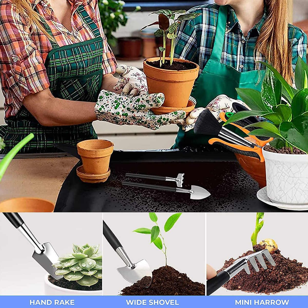 Bonsai Tools Set 15 Pcs High Carbon Steel - Planting Gardening Trimming Tools Set Include Pruning Shears, Scissors, Mini Rake, Round, Pointed Shovel, Training Wire in PU Leather Bag