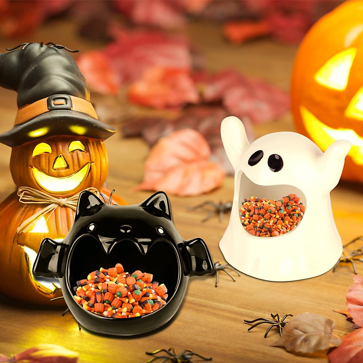 DIYDEC 2pcs Halloween Candy Bowls, Halloween Candy Dish Candle Holder Bat Ghost Ceramic Dish for Halloween Tiered Tray Ornament Tableware Party Decor Gifts