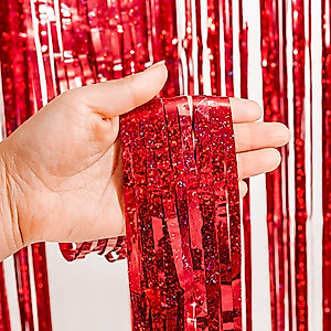 2PCS Red Foil Fringe Curtain Backdrop, 8ft Sparkle Tinsel Metallic Curtains for Birthday Party Wedding Graduation Photo Booth Backdrop Valentines Christmas Halloween Disco Party Decorations