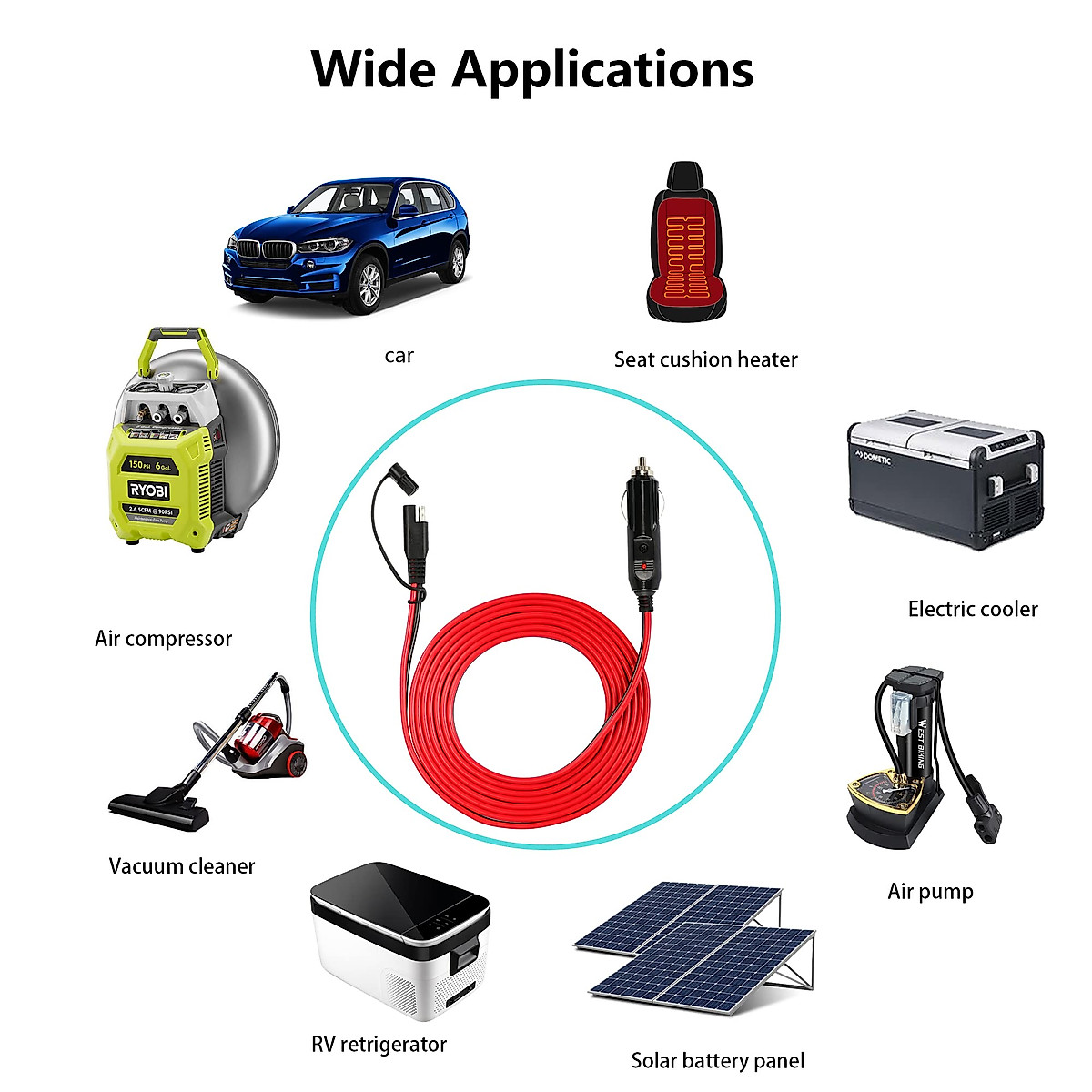 SinLoon Cigarette Lighter SAE Battery Charger Cable,12V 15A Cigarette Lighter Plug to Waterproof SAE Quick Release Adapter Extension Charging Cable with Fuse and LED Light(10FT,3 Meter)