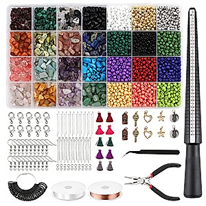 4000+ Crystal Natural Stone Beads for Jewelry Making with Irregular Chip Beads and 4MM Glass Seed Beads, Ring Making Kit with Gemstone Beads Charms Tassels Jewelry Wire Pliers Ring Measuring Tools