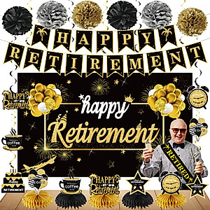 Kuxriox 20PCS Happy Retirement Party Decorations Kit for Men Women, Black Gold Retirement Banner Balloons Honeycomb Centerpiece Swirl Paper Pompoms Party Supplies, Retired Sash Table Topper Swirls Set