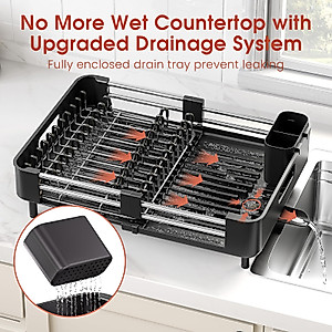 TOOLF Extendable Dish Rack, Dual Part Dish Drainers with Non-Scratch and Movable Cutlery Drainer and Drainage Spout, Adjustable Dish Drying Rack for Kitchen, 1 Piece Black