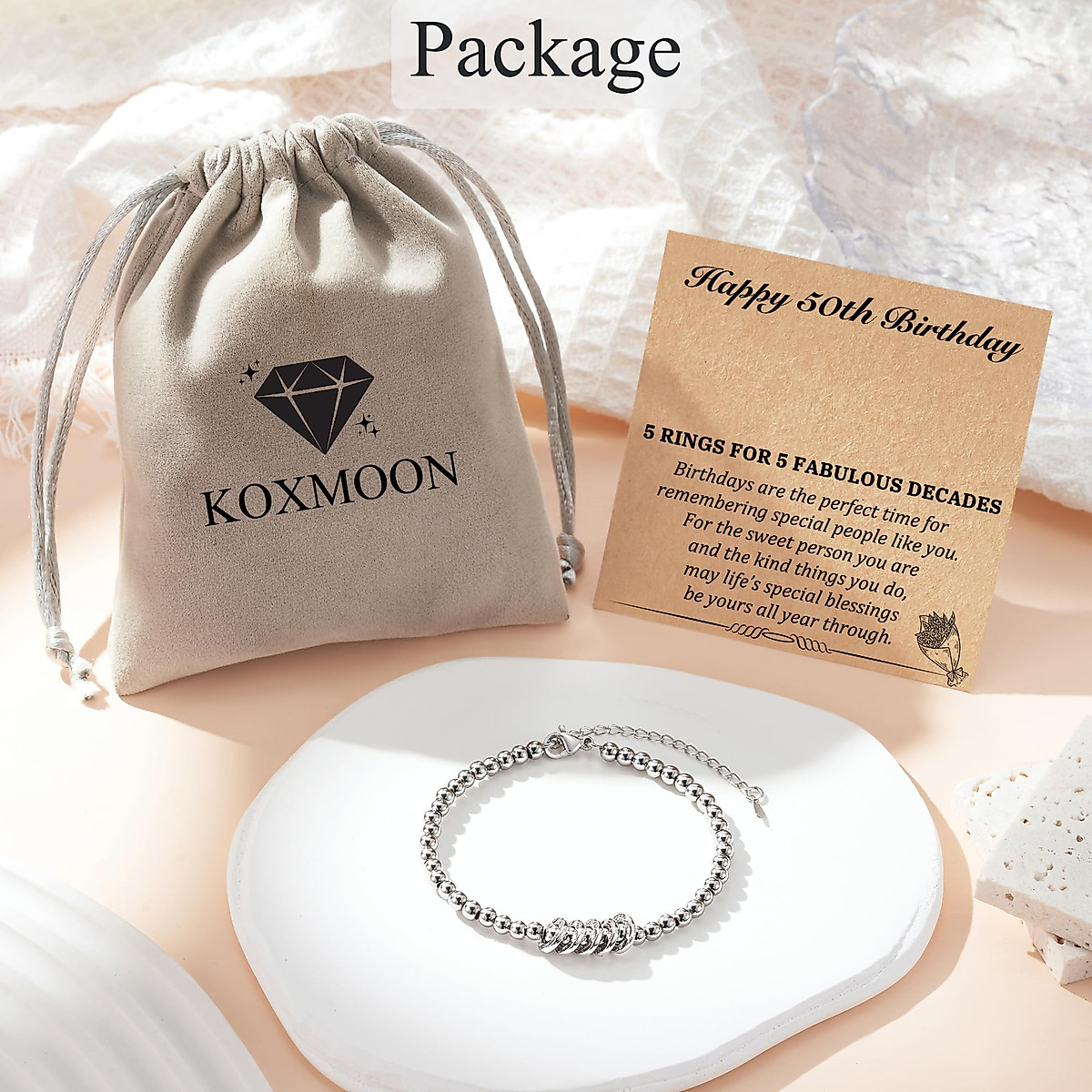 KOXMOON 50th Birthday Gifts for Her Women, Birthday Bracelet for Women with Gift Message Card, 50 Year Old Birthday Jewelry Gifts for Mom Grandma Sister Aunt Wife Friends