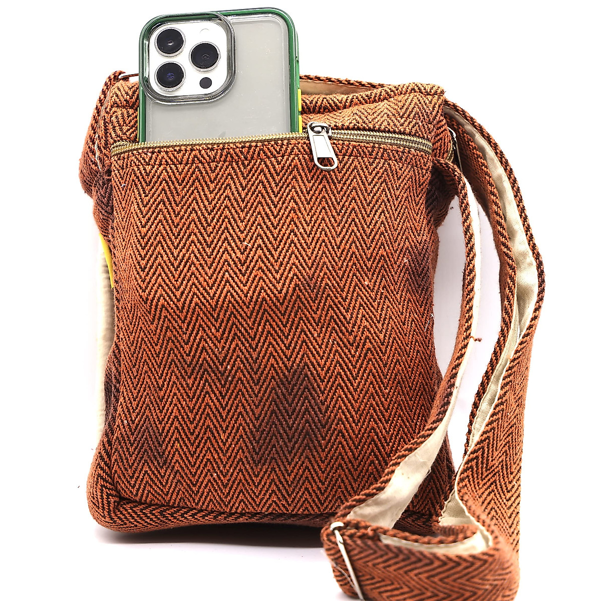 Himalaya Handmade Unique design Mushroom Embroidery Hemp Hobo Passport crossbody bag Festival Travel Bag 100% Himalaya Hemp FAIR TRADE Orange