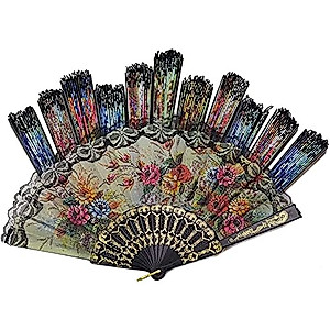 HUNANBANG 1 Dozen 12 Pieces Folding Hand Fans Church Wedding Gift, Party Favors, DIY Decoration Gift Size9 Wholesale 12pack (Flower)