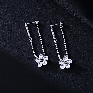 SLUYNZ 925 Sterling Silver CZ Flower Dangle Earrings Chain for Women Crystal Flower Drop Earrings Tassel Chain (A-Silver)