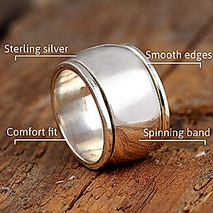 Boho-Magic 925 Sterling Silver Spinner Dome Ring for Women Fidget Ring Band Wide Hammered (8)