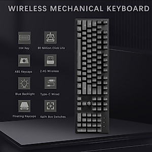 Hexgears G5 2.4G Wireless Mechanical Keyboard 104 Key, Wireless and Type-C Wired Connection, Full-Size, Blue Backlit, Windows and Mac OS Compatible Black Keyboard Kailh Box White Switches
