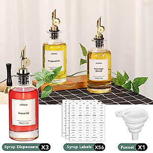 VOISEN Olive Oil Dispenser Bottle for Kitchen, Glass Oil Bottle Set of 3, Coffee Syrup Dispenser,Glass Oil Container with Metal Pourer,Funnel,42 Waterproof Labels
