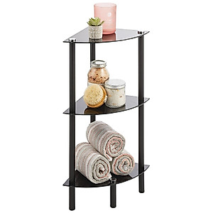 mDesign Modern Glass Corner 3-Tier Storage Organizer Tower Cabinet with Open Shelves - Household Furniture for Bathroom, Office, Bedroom, Living Room - Holds Books, Plants, Candles - Black/Black