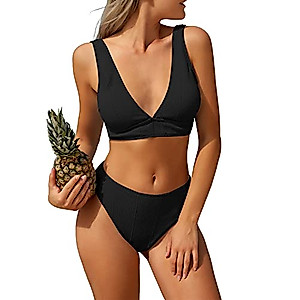 ZAFUL Womens High Waisted Bikini Set V Neck Crinkle Longline Plunge Triangle Bikini Two Piece Swimsuit Black