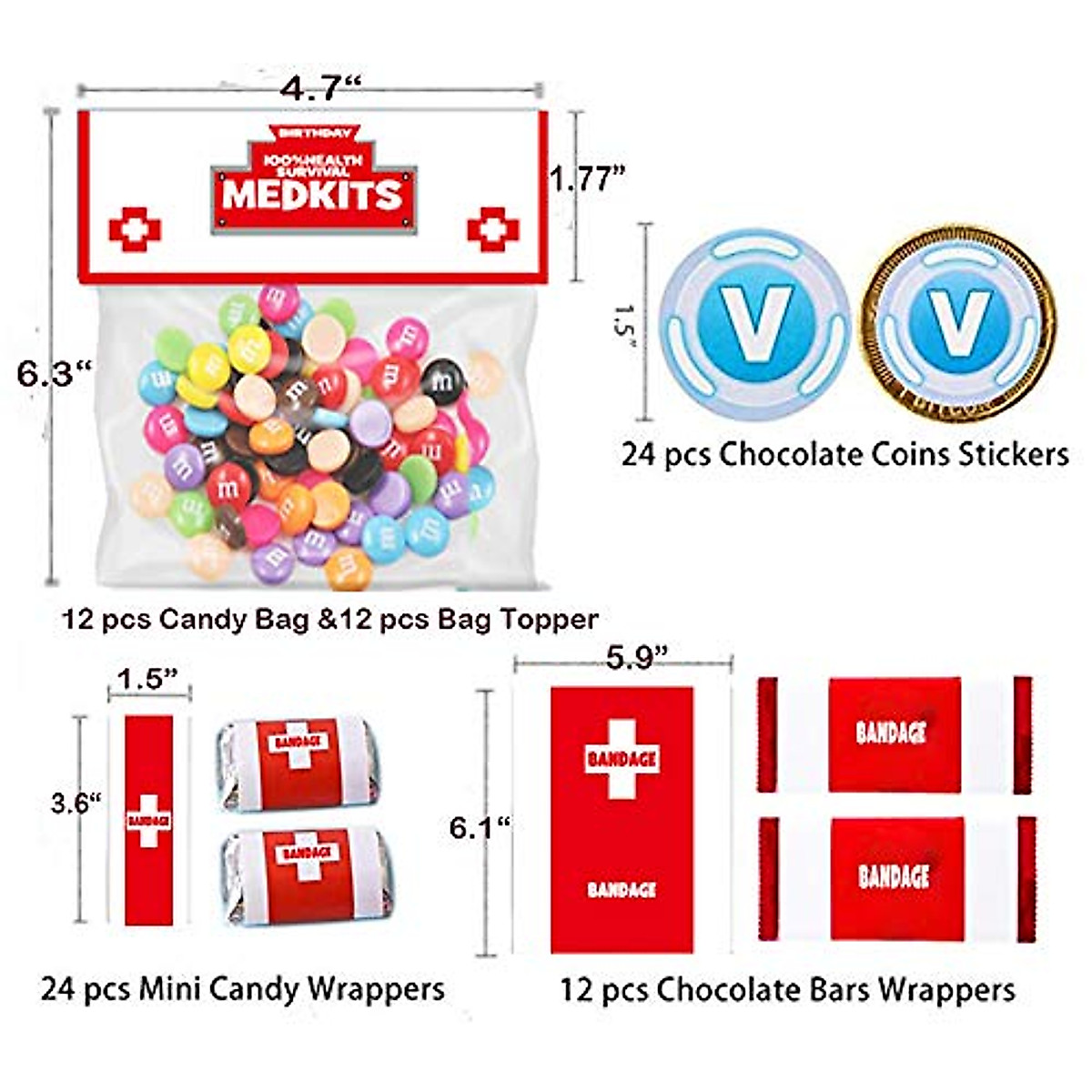 96 Pack Game Party Supplies Party Candy Decorations, 48 Pack Candy and Chocolate Bar Wrappers(2 Size), 12 Set of Candy Bags, 12 Pack Chocolate Coin Labels for Kids Game Party Favors1