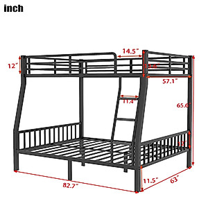 ATY Metal Full XL Over Queen Bunk Bed with Ladder and Guardrail, Sturdy Bedframe w/Slat Support, for Kids's Bedroom, Dorm, No Spring Need Required, 82.7"x 70"x 65.6" (L x W x H), Black