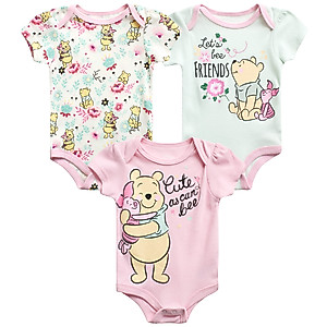 Disney Baby Girls? Minnie Mouse Bodysuit ? 3 Pack Romper: Easy Diaper Change, Size 0-3M, Pooh Bear Pink/Green