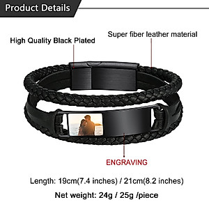 U7 Fathers Gift Bracelet with Picture Side, Braided Black Leather Cuff Bracelet Personalized Photo Printing Custom Engraved Bar Layered Wrap Bracelets for Men Women