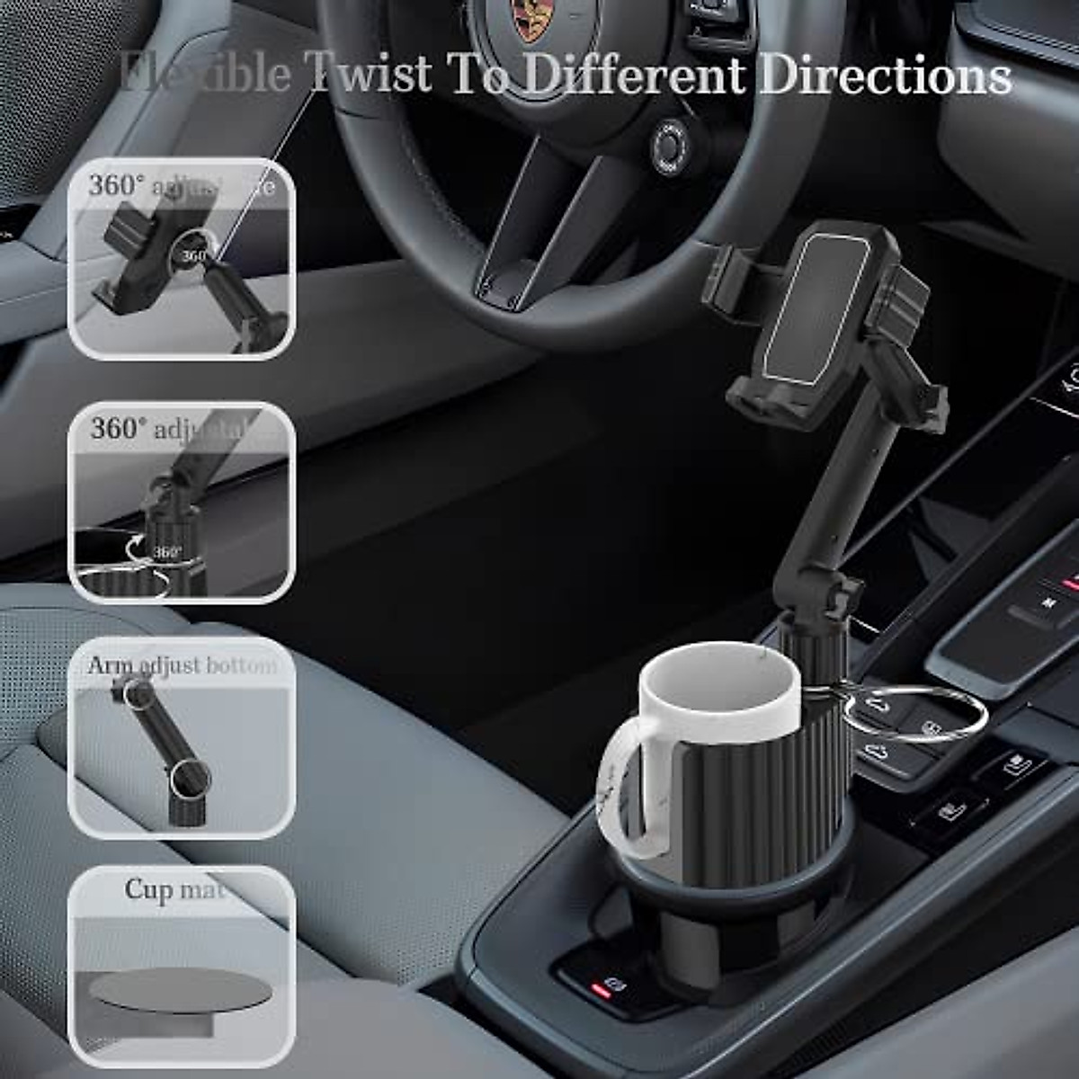 WUITIN Car Cup Holder Phone Mount,Universal Auto Cell Phone Stand with Drink Expand Cup Holder,360° Rotation Compatible with All Mobile Phones and All Car