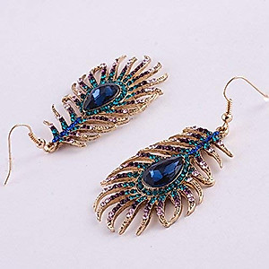 Frogwill Womens Crystal Hook Earrings Sparkling Rhinestone Peacock Feather Dangle Earrings (Blue)