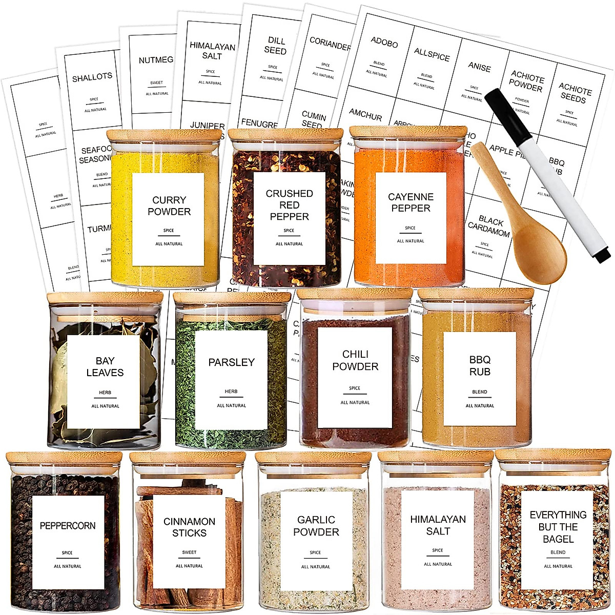 GPOVVIMX 12 Pcs Glass Spice Jars with Bamboo Airtight Lids and 191 Labels - 8.5oz Small Food Storage Containers for Kitchen, Seasoning, Coffee, Herb - Spoon and Marker Included