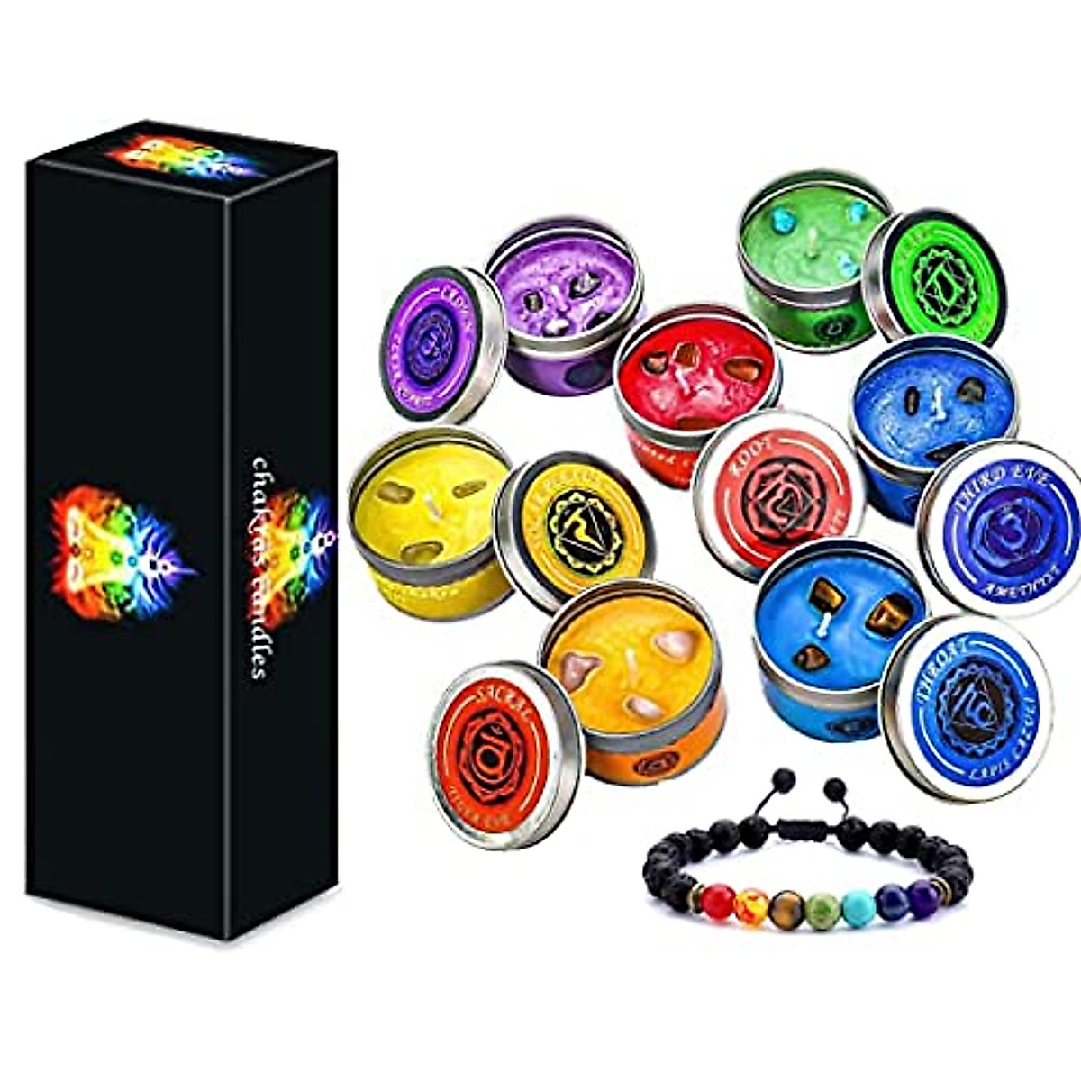 Spiritual Gifts for Women,Chakra Candles with Crystals Inside Set of 7 with Chakra Bracelets.Meditation Candles/Wiccan Gifts /7 Day Candle Incense Ceremony Kit for Healing and Cleansing