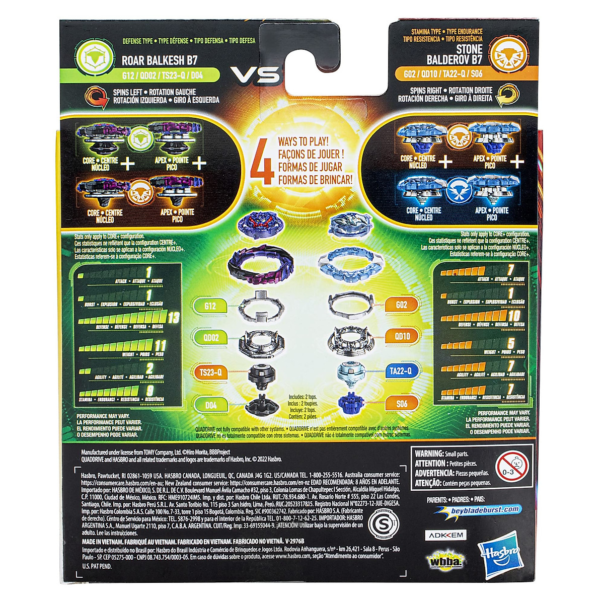 Hasbro Beyblade Burst QuadDrive Roar Balkesh B7 and Stone Balderov B7 Spinning Top Dual Pack - 2 Battling Game Top Toy for Kids Ages 8 and Up