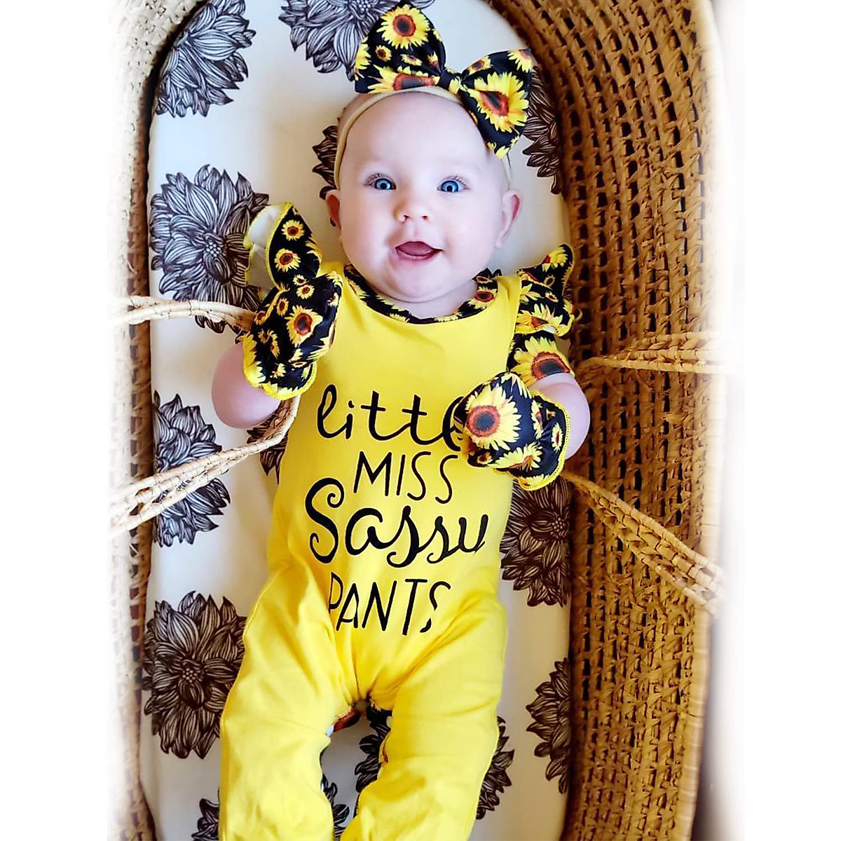 HINTINA Preemie Premature Baby Girl Sunflower Floral Romper Little Miss Sassy Pants Jumpsuit Outfits Spring Summer Clothes Set Yellow