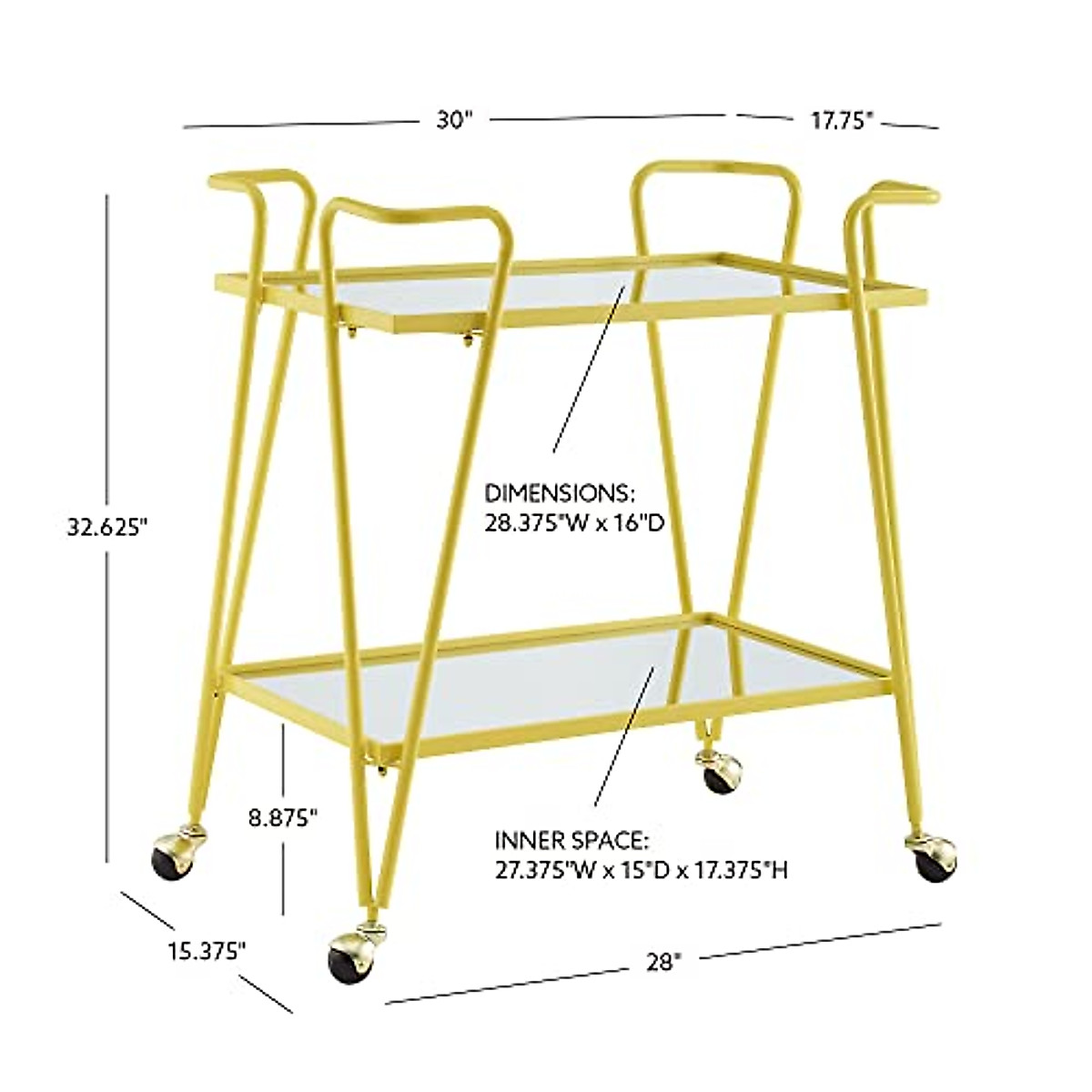 Linon Gina Yellow Mid Century Bar Cart with Mirrored Shelves