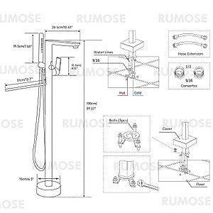 RUMOSE Tub Filler Freestanding Bathtub Faucet with 12.2 Inches Towel Bar Matte Black Floor Mount Tub Faucet Swivel Spout High Flow Bathtub Filler with Handheld Sprayer, Towel Rack