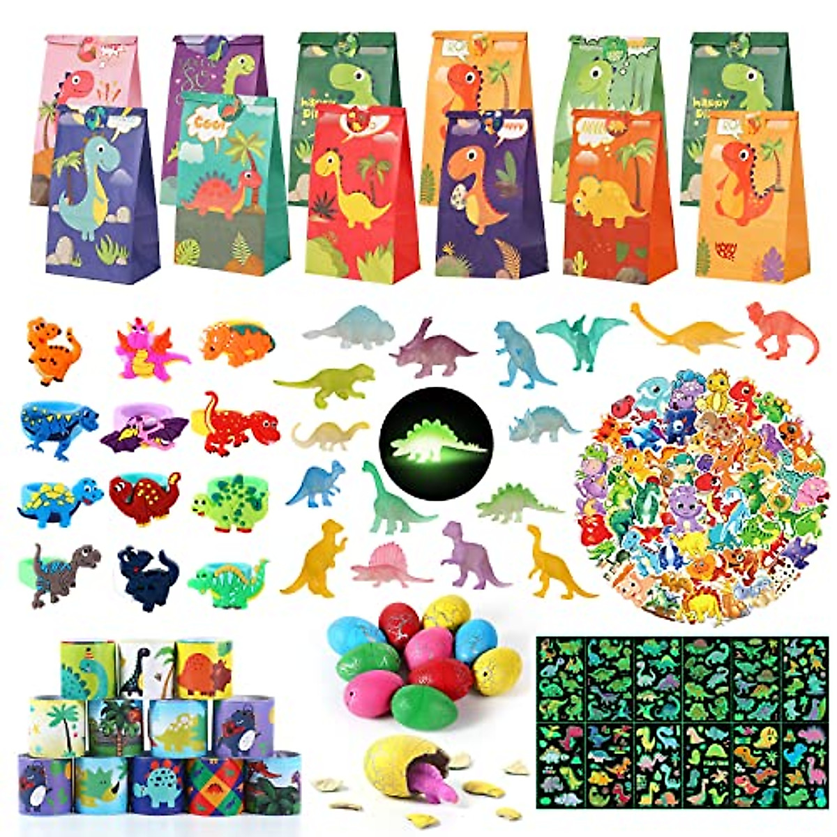 Dinosaur Birthday Party Supplies for 12 Kids, Dino Gift Bags Party Favors with Dinosaur Eggs That Hatch, mini dinosaur figures grown in dark , Slap Bracelets, Rubber Rings and Tattoos Stickers for dino themed party Gifts, Goodie treat Bags Fillers