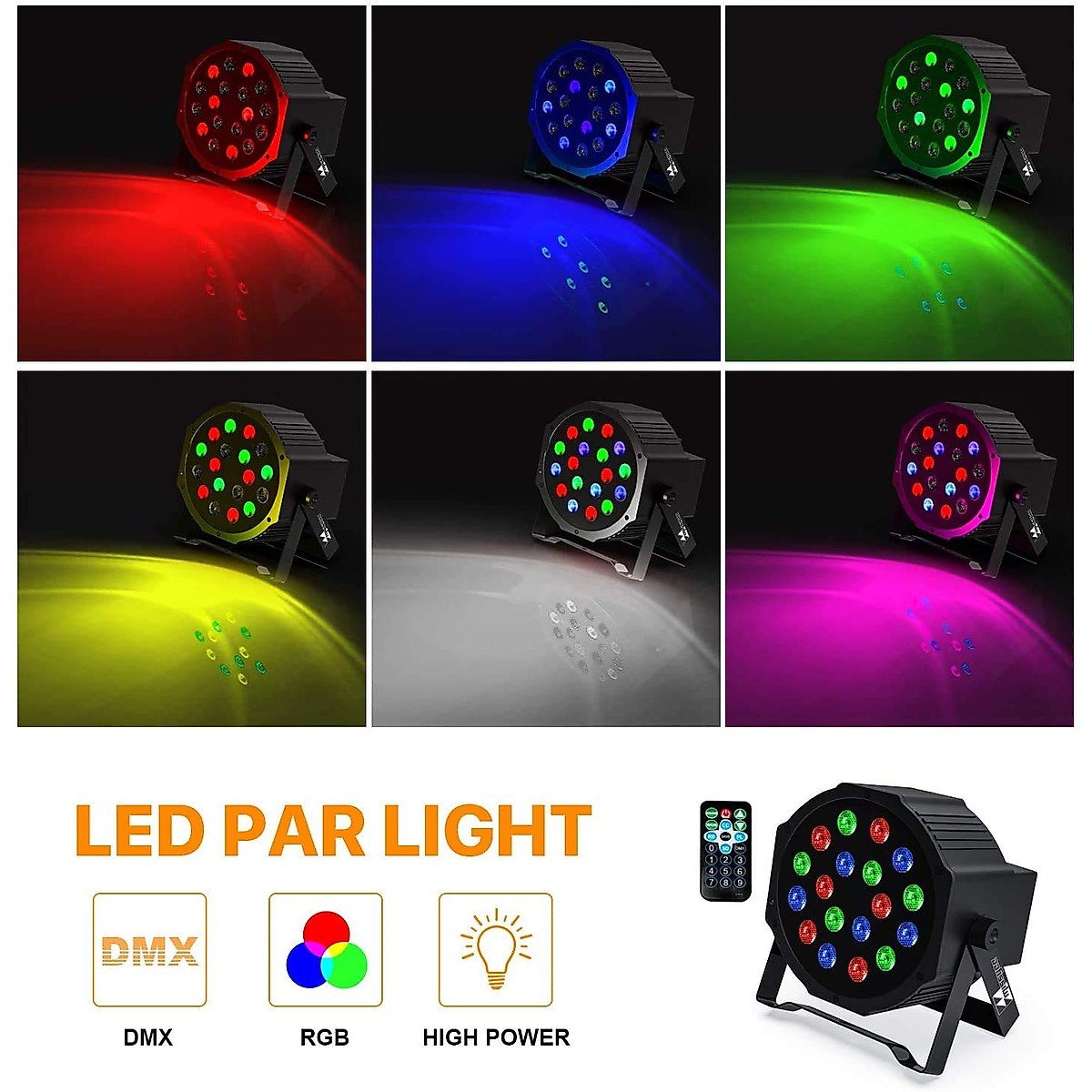 Missyee 18 RGB LED DJ Stage Uplight -DMX Control Sound Activated with Remote Control and 7 Modes LED for Wedding, Events, Christmas and Halloween Music Disco Party -R&D in USA -8 Pack