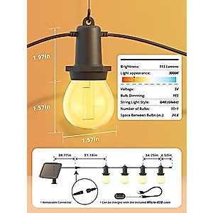 Sunnyload Solar String Lights Outdoor Waterproof, 48ft Solar Powered Lights with Shatterproof 15+1 G40 LED Bulbs, USB Rechargeable 4 Modes Dimmable for Balcony Patio Garden