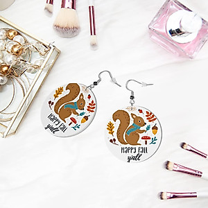 Swono Smiling Squirrel Round Faux Leather Earrings for Women Bright Falling Leaves Acorn Mushroom Pine Cones Autumn Lightweight Double-Side Printed Drop Dangle Earring for Birthday Party Gift
