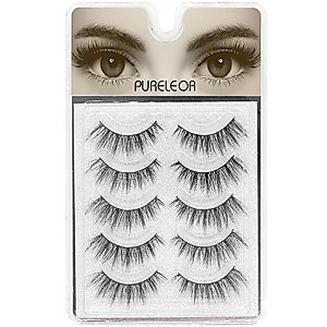 PURELEOR Natural Look Eyelashes 3D Mink Cat Eye Lash Wispies 15mm Manga Lashes 5 Pairs Soft Reusable False Eyelashes Lightweight, No Glue Included