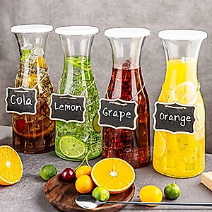 Glass Carafe 4 Pack, Goldarea 35 Oz Water Carafe with 6 Lids, 1 Liter Glass Pitcher, Beverage Jugs, Carafe Set for Mimosa Bar Supplies, 4 Long-Handled Mixing Spoons and Chalkboard Label