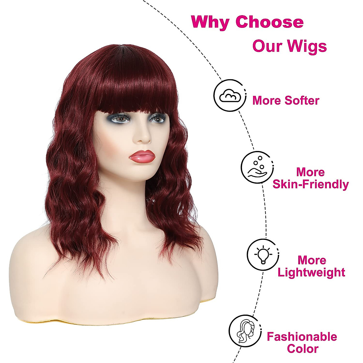RemyAeki Red Wavy Wigs with Bangs for Women, Short Curly Bob Wigs Medium Shoulder Length, Burgundy Wine Red Synthetic Wigs Natural Looking 14 Inch