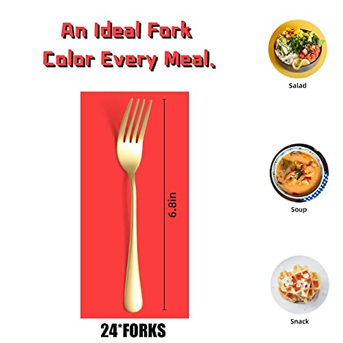 24 Pieces Gold Dinner Forks Set, Kitware Flatware Stainless Steel Utensils, Home & Kitchen Metal Cutlery Set, Heavy Duty Silverware Small Forks 6.8 Inch, Mirror Polished