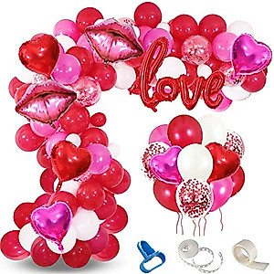 Valentines Day Balloon Garland Kit, 117PCS Red Hot Pink White Balloons with Heart Lips LOVE Foil Balloons for Valentines Day Proposal Engagement Wedding Party Decoration