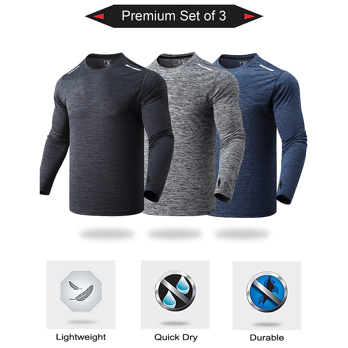 3 Pack: Men's Long Sleeve T Shirts, Dry Fit UV Sun Protection Outdoor Hiking Athletic Active Tops with Thumb Holes (Set 1, Medium)