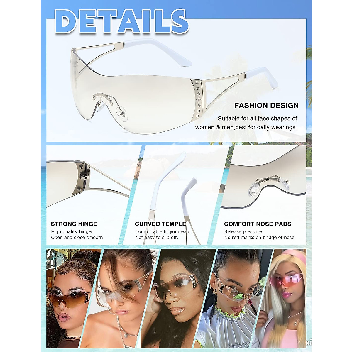 TIANYESY Y2K Sunglasses For Women Men Fashion Shield Rimless Wrap Around Sunglass Gradient Lens Trendy Oversize Sun Glasses (Silver+Gradual Tan)