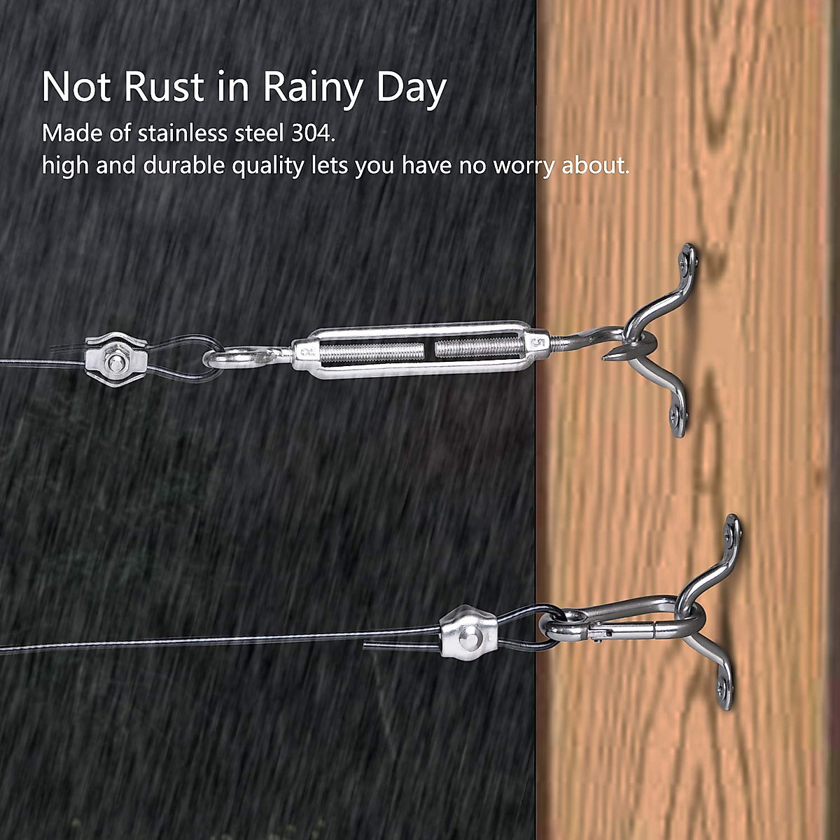 Brightown String Lights Hanging Kit for Outdoor, Includes 100Ft Stainless Steel(304) Suspension Rope Cable in Black Vinyl-Coated, Turnbuckle, Thimble, Hooks. Heavy Duty and Easy to Install