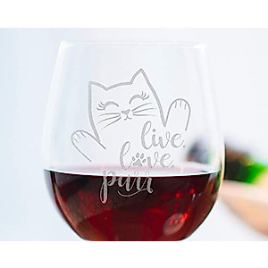 Cat Lovers Engraved Live Love Purr Stemless Wine Glass Kitchen Decor Cat Lady Accessories Birthday Mothers Day Fathers Gifts for Women Men