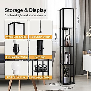 Outon Floor Lamp with Shelves, LED Column Modern Floor Lamp with USB Port & Power Outlet, Memory Function, Wood Standing Lamp with White Linen Texture Shade for Living Room, Bedroom, Office (Black)