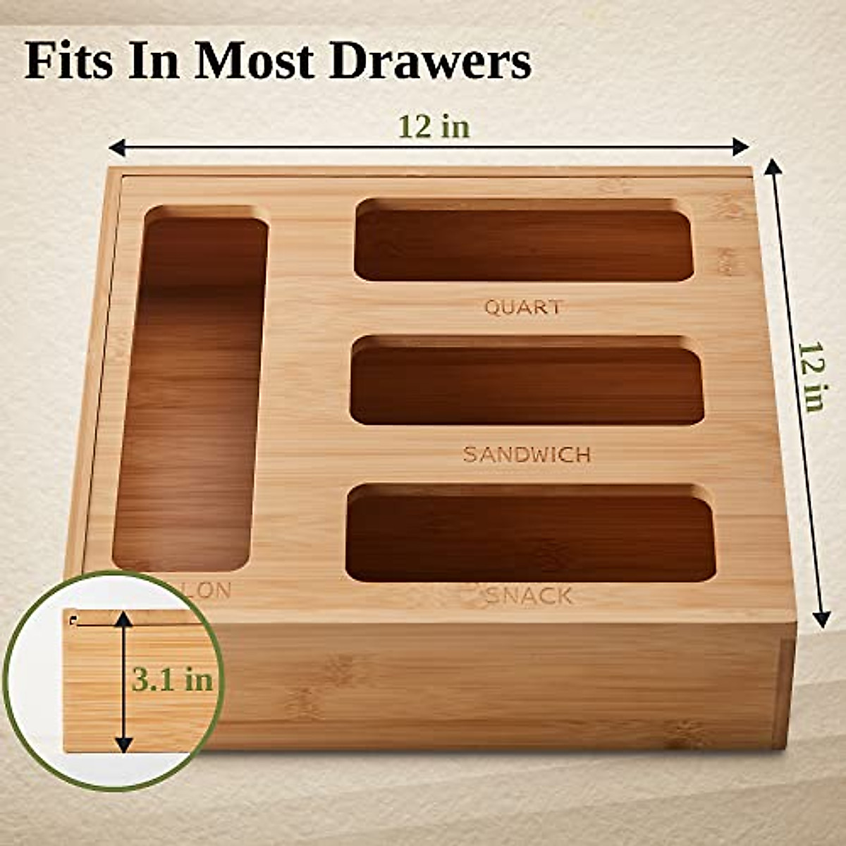 Drawerstore, Ziplock Storage Bag Organizer for Drawer - Plastic Bag Holder for Quart, Gallon, Sandwich, and Snack Size Storage Bags, Natural (DS-ORG-1)