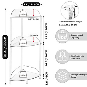 KOLUTI 3 Tier Bathroom Corner Shelf Stand, Solid Acrylic Floor Standing Rack Organizer Display for Restroom Living Room Bedroom Balcony, Small Toilet Paper Side Holder Storage, Clear