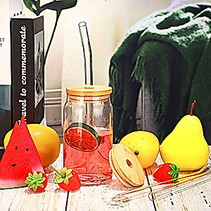 16oz Beer Glasses Lids with Straw Hole Drinking Glass Cups Anticorrosion Beer Can Cups Lids Bamboo Lids Include Reusable Glass Straight Curved Straw and Brush for Drinking Glasses (10 Pieces)