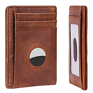 Hawanik Holder for AirTag Wallet Genuine Leahter Slim Minimalist Card Holder Compatible with AirTag Crazy Horse Leather Upgraded Version