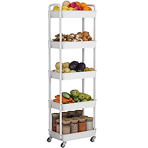 JIUYOTREE 5-Tier Rolling Storage Cart Utility Cart with Lockable Wheels for Living Room Bathroom Kitchen Office White