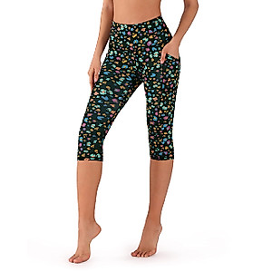 ODODOS Women's High Waisted Printed Yoga Capris with Pocket, Tummy Control Non See Through Workout Sports Running Athletic Capri Leggings, Colorful Camo, Large