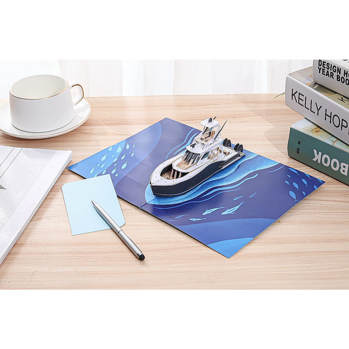 Liif Fishing Boat 3D Greeting Pop Up Card, Retirement Card, Father's Day, Birthday Card For Men, DAD, Fisherman,Boss, Husband, Son, Grandpa - With Message Note & Envelop - Size 8 x 6 Inch